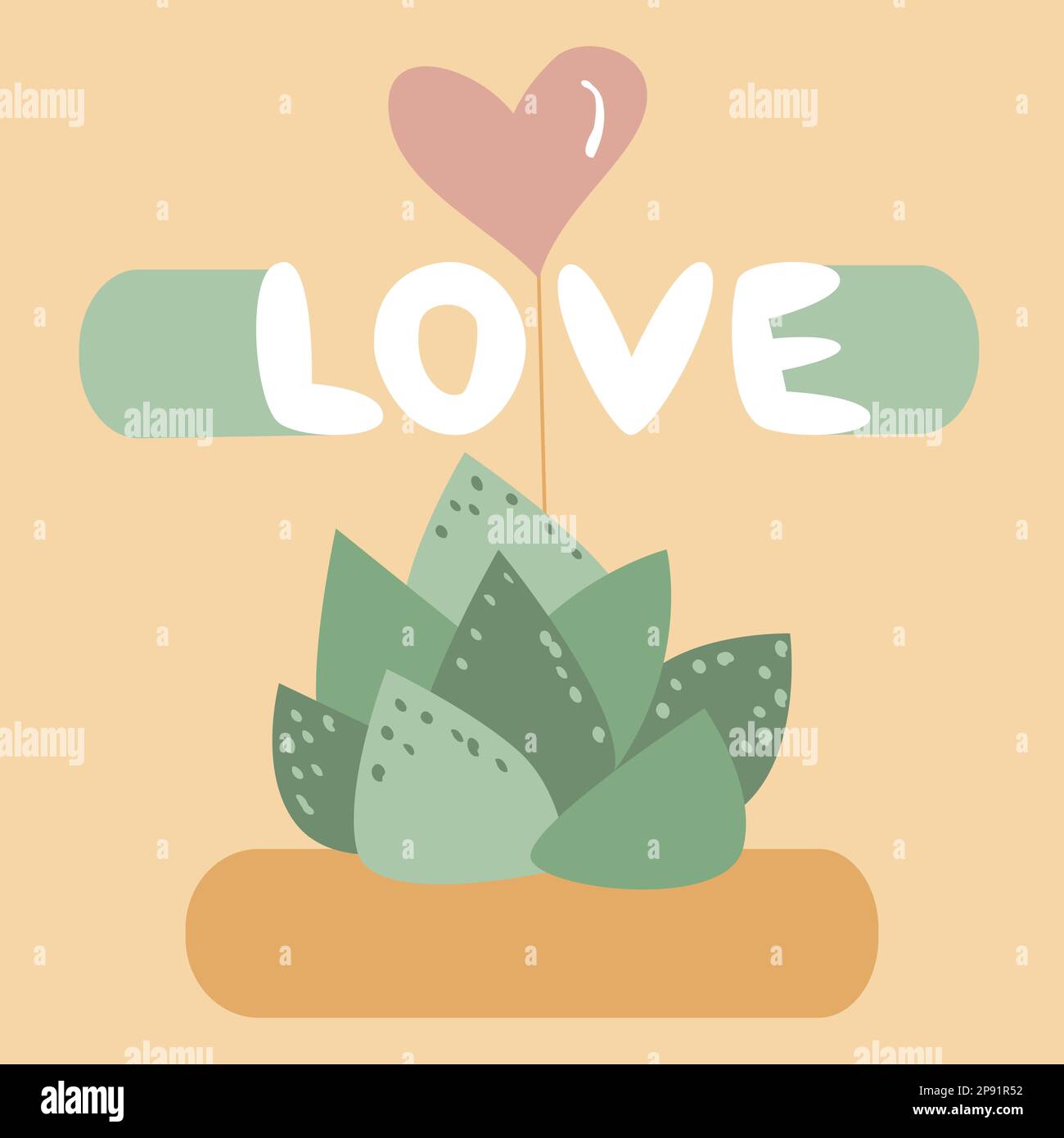 Cute succulent with heart on stick and love lettering phrase. Vector ...