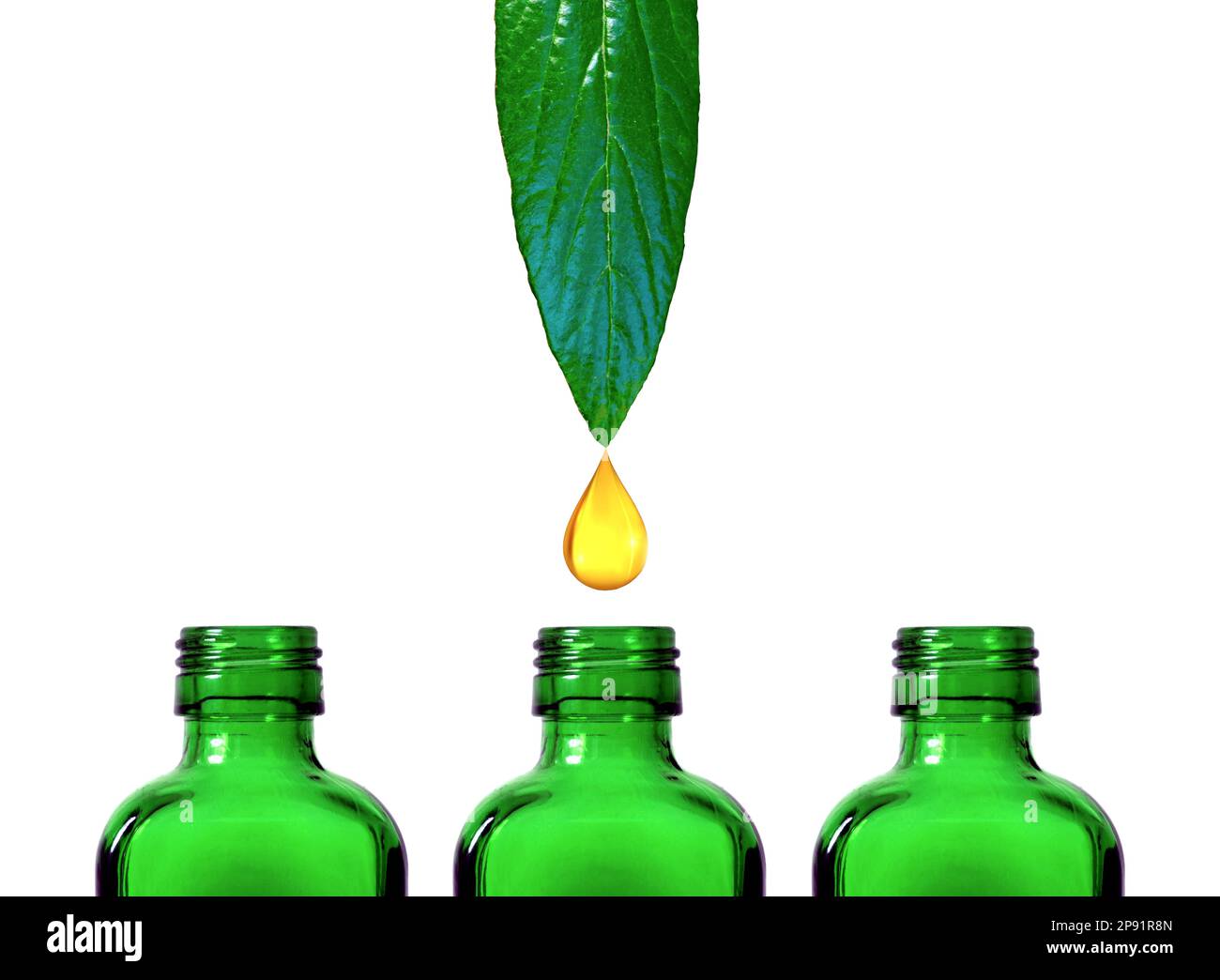 oil drop dripping from green waxy leaf into small green medicine bottle ...