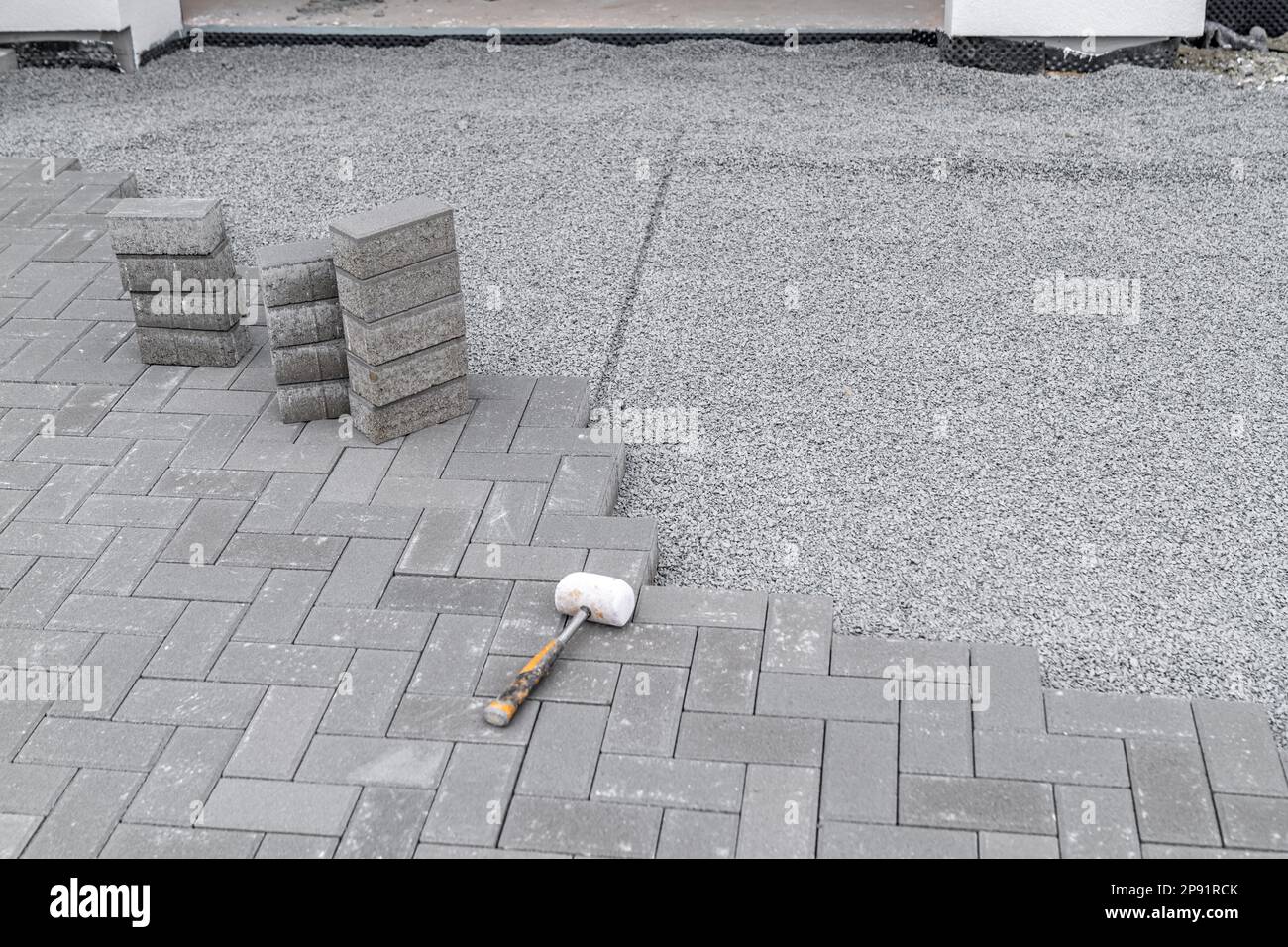construction of a sidewalk made of concrete blocks, copy space Stock ...