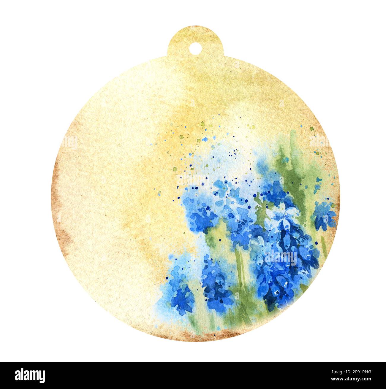 Watercolour round beige label with blue hyacinths, spring flowers, old ...