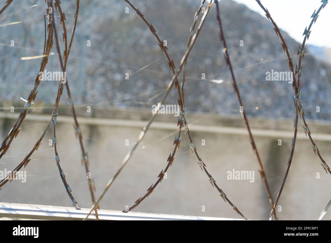 Barbered wire over a blue sky and on building ground, rusty Stock Photo ...