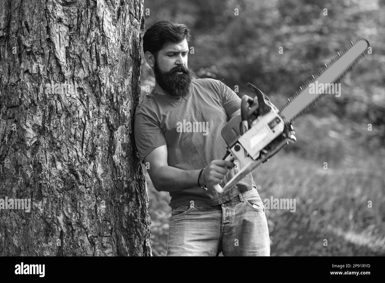 A handsome young man with a beard carries a tree. Lumberjack worker ...