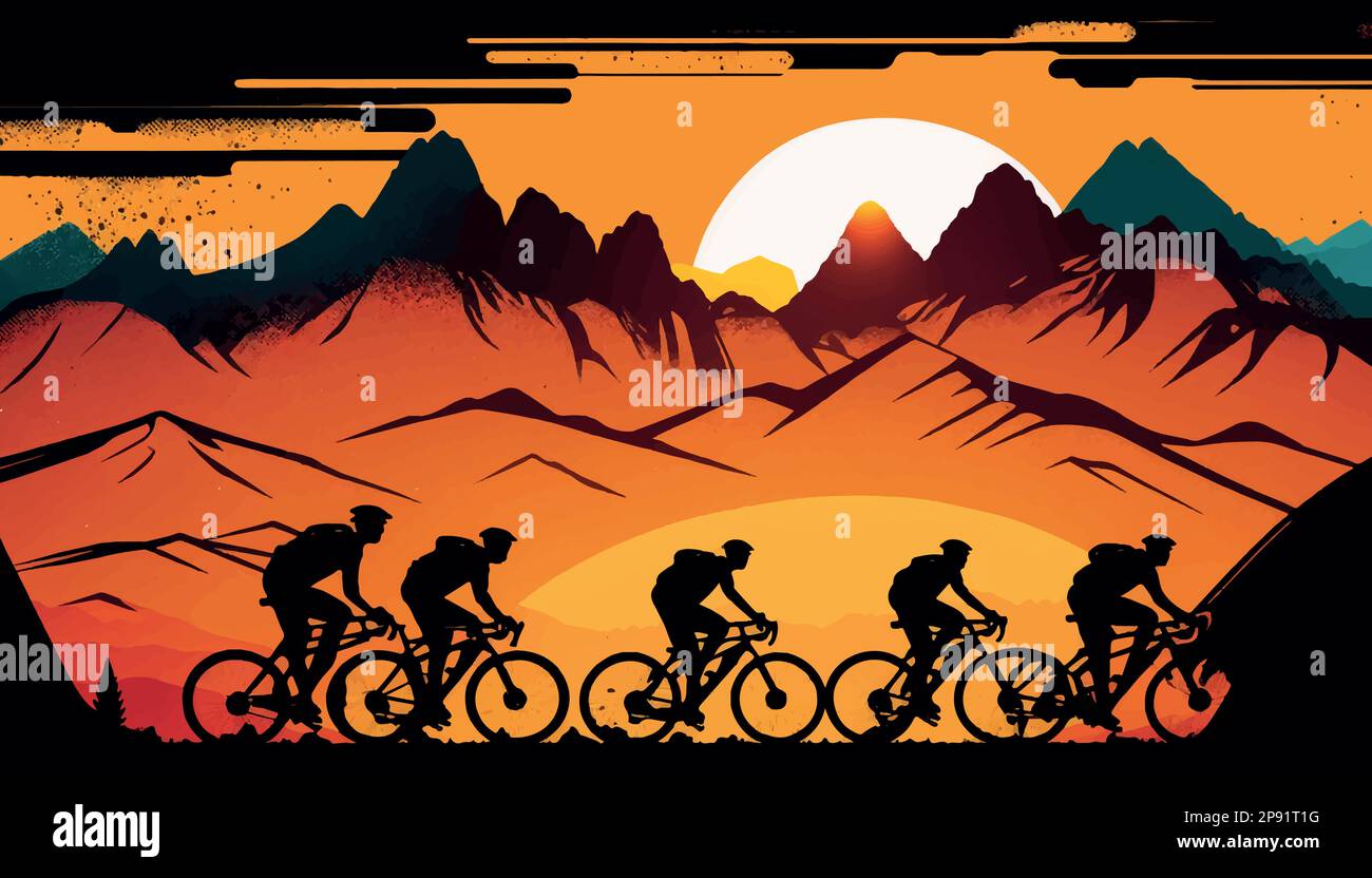 A group of cyclists in the mountains at sunset. Cycling race against ...