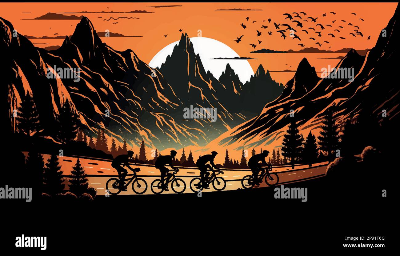 A group of cyclists in the mountains at sunset. Cycling race against ...