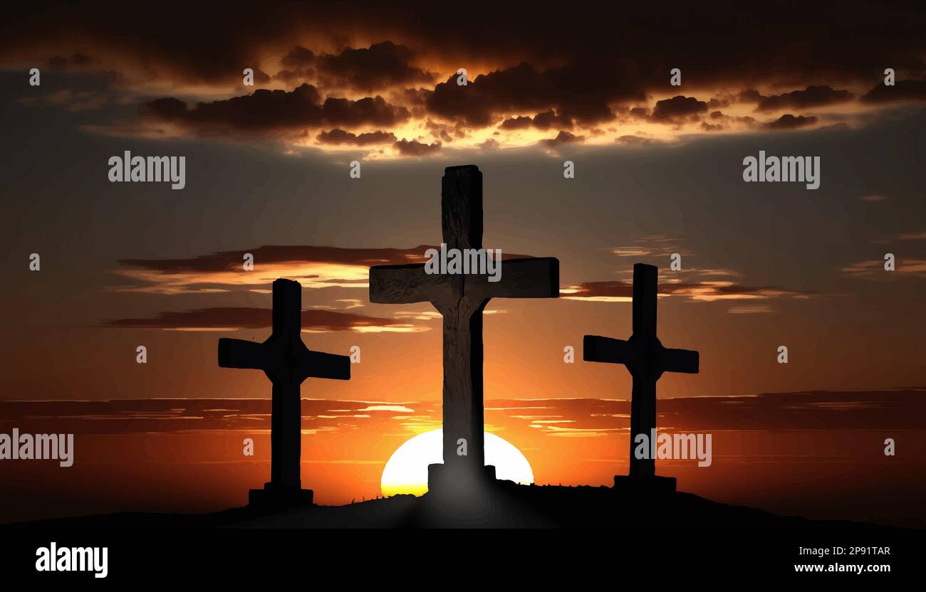 3 Crosses On A Hill At Sunset
