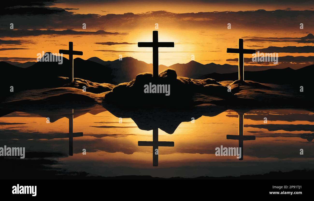 Three crosses on a hill with clouds with sunburst background. Vector ...