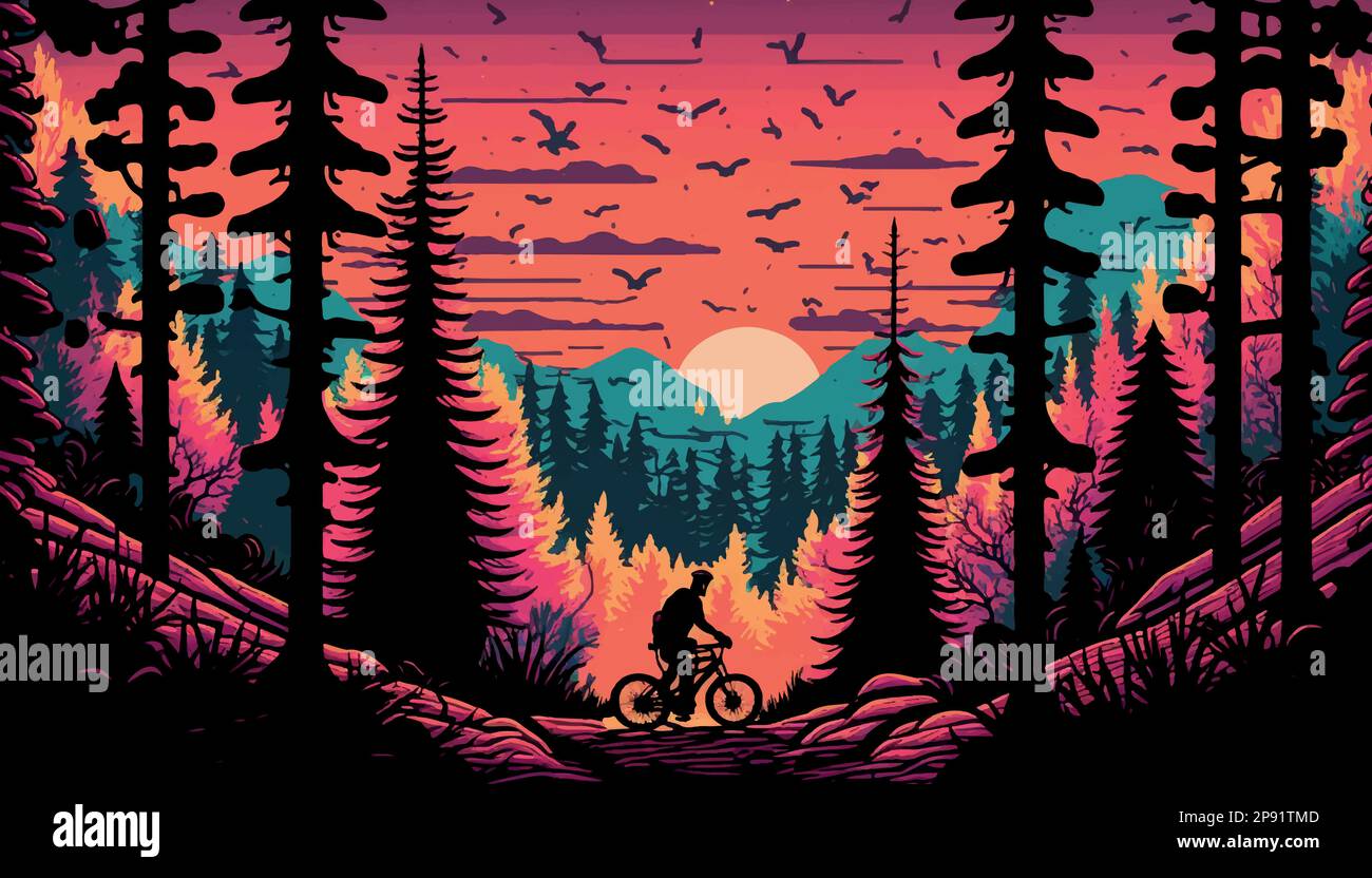 Cyclist on the road in the forest at sunset. Vector illustration Stock ...