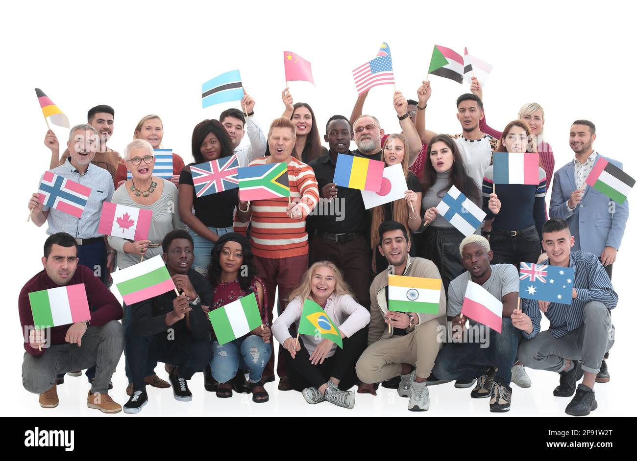 in full growth. funny diverse people with their national flags Stock ...