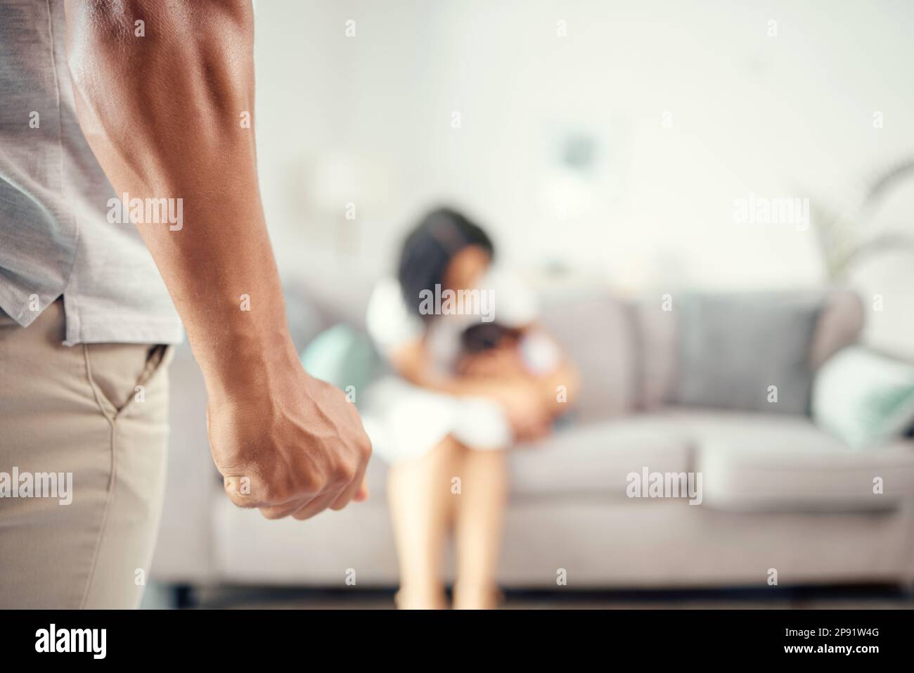 Angry, frustrated and domestic violence man fist or hand with wife in ...