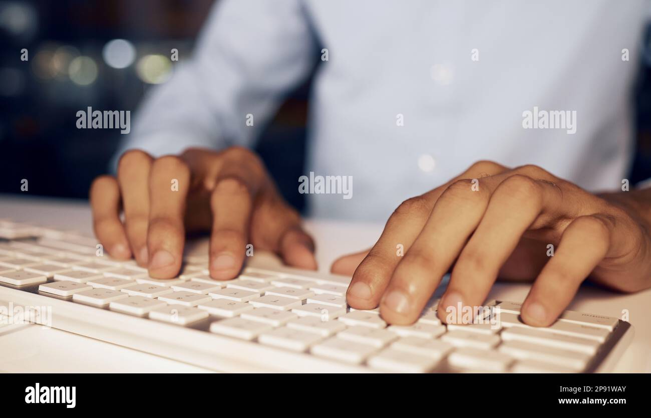 Computer keyboard, hands and business man typing online data analysis ...