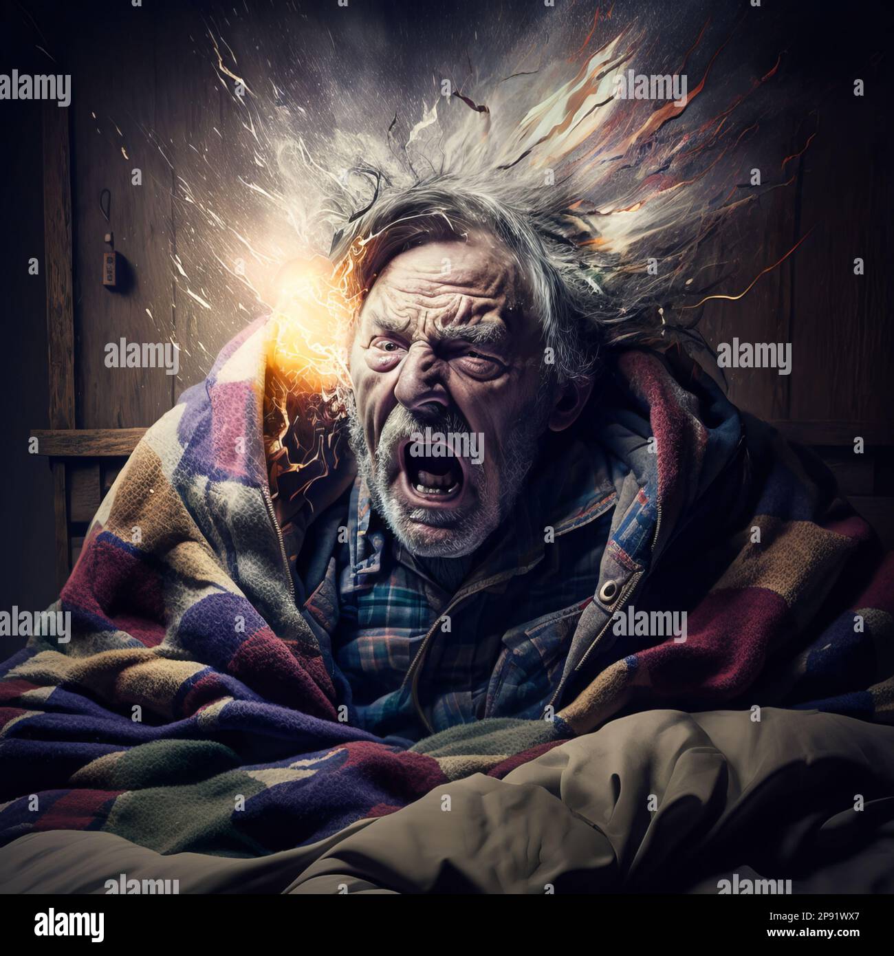 Angry tormented old man confused dementia and mental health concept ...