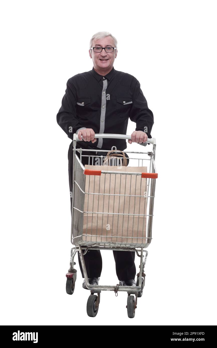 in full growth. happy old man with a shopping cart Stock Photo - Alamy