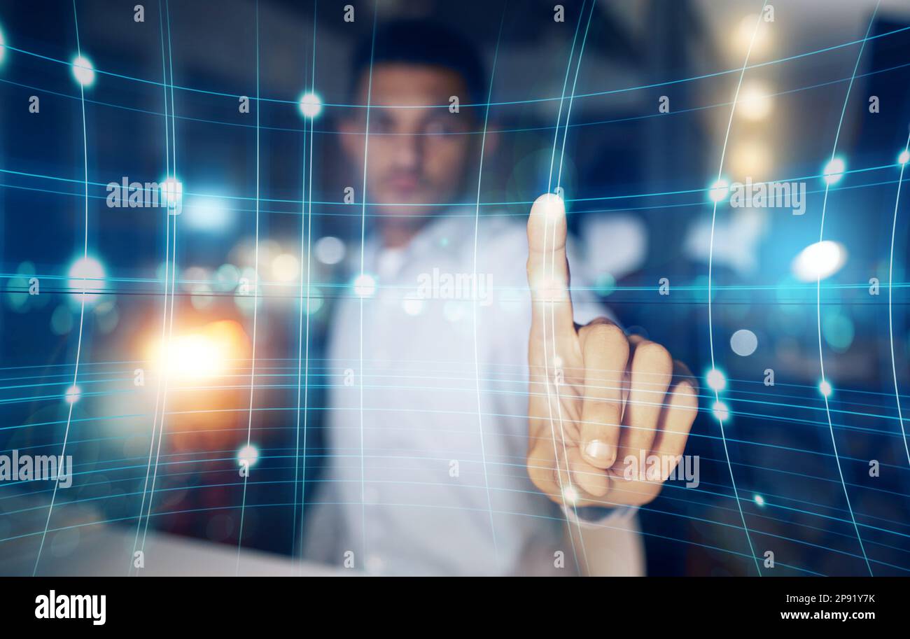 Futuristic, hologram and touch screen interface, man in future ...