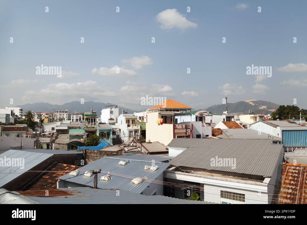 Asian town buildings roofs cityscape top view. Tranquil sunny ...