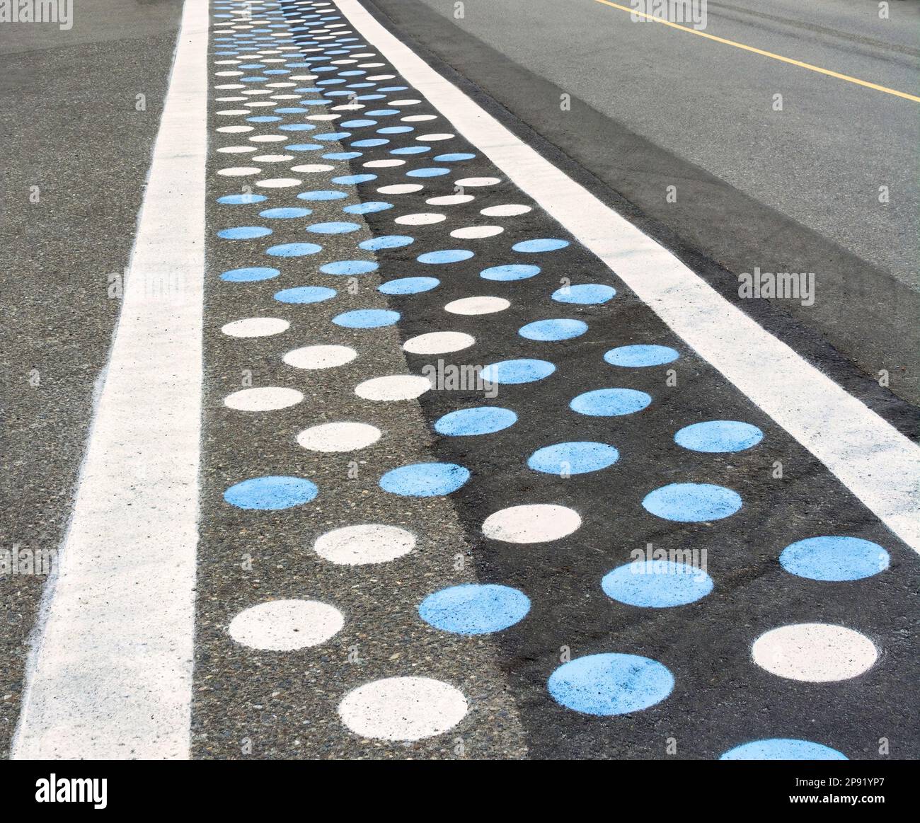 Pedestrian crosswalk on asphalt road colored with blue and white dots ...