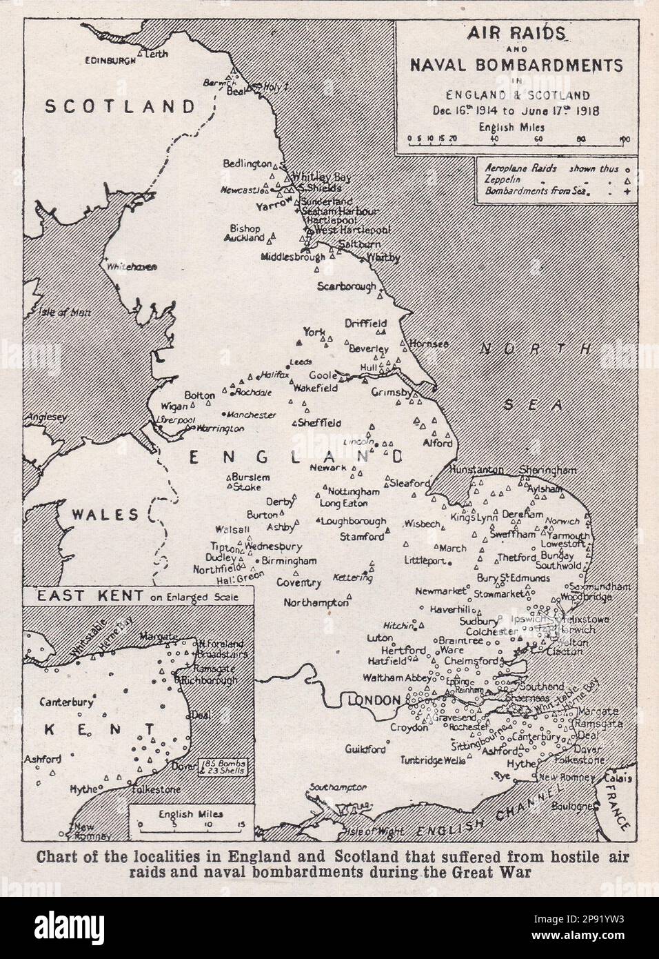 Vintage map of Air Raids and Naval Bombardments in England and Scotland ...