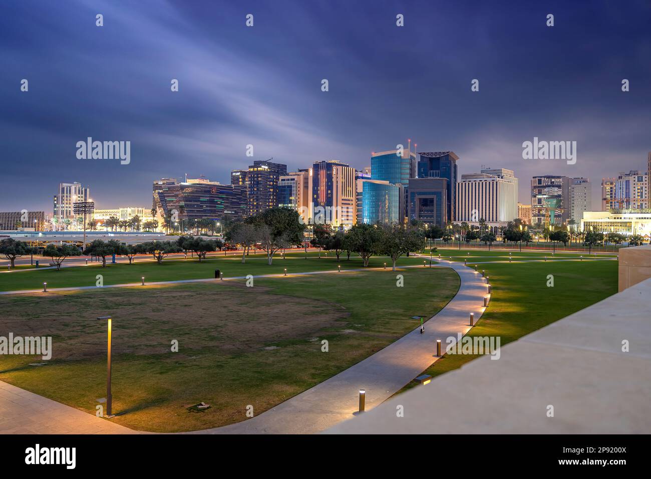 Beautiful Doha Skyline view from Islamic Museum. MIA Park Stock Photo ...