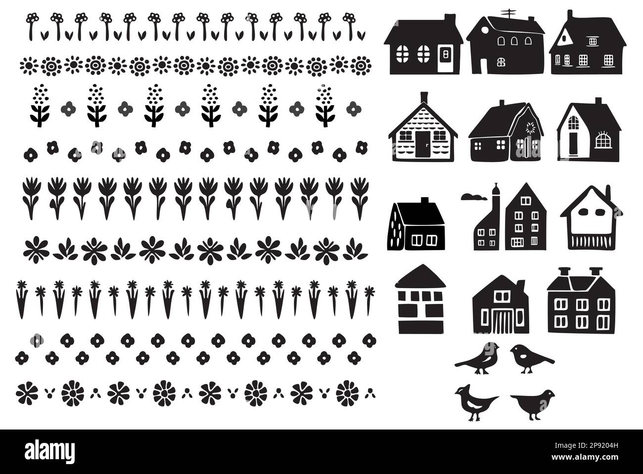 Collection of cottage house motifs in block print style. Set of ...
