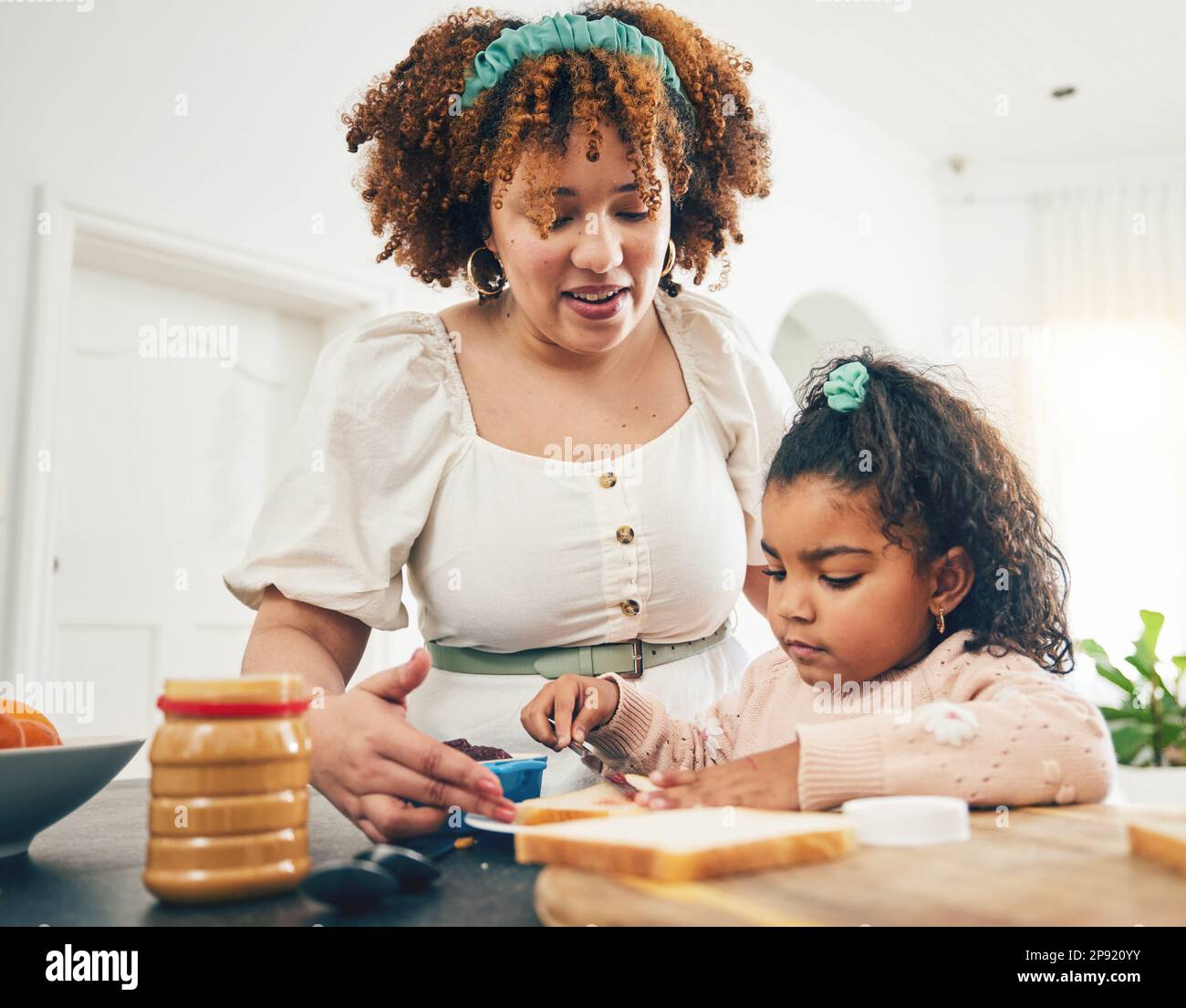 Love, breakfast food and black family child, mother or people eating ...