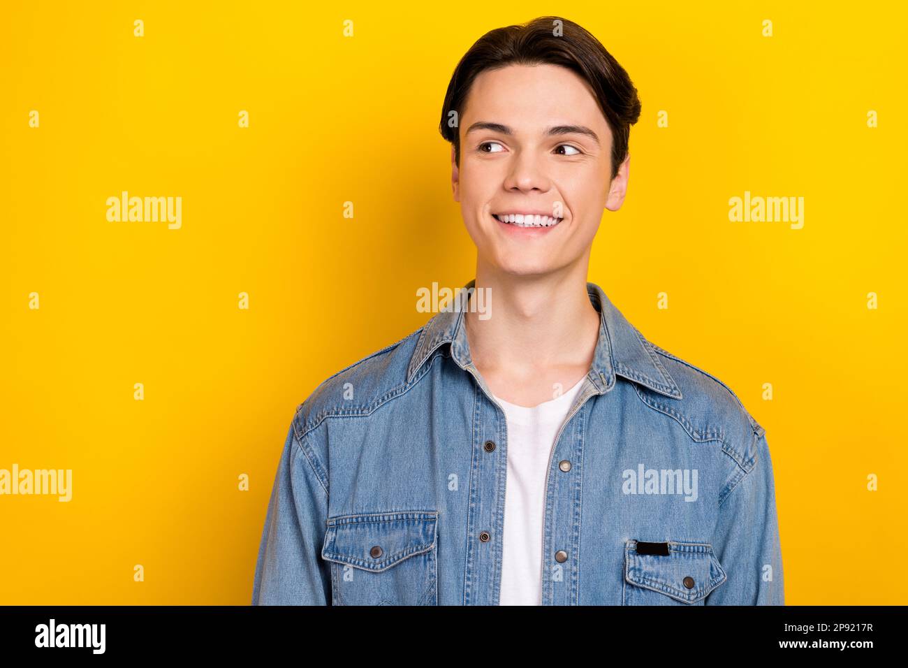 Photo of positive minded person beaming smile look empty space advert ...