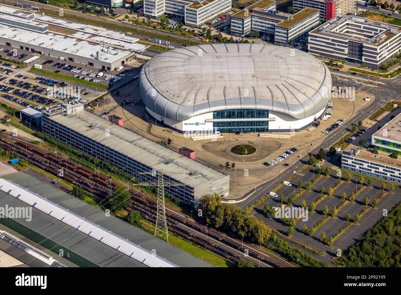 Aerial view, PSD BANK DOME event arena in Rath district in Düsseldorf ...