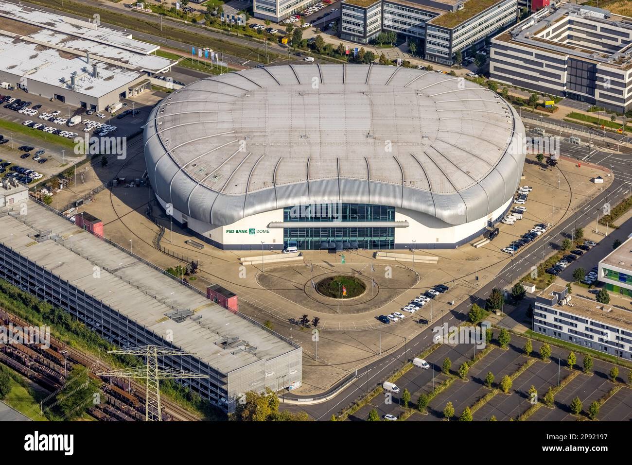 Aerial view, PSD BANK DOME event arena in Rath district in Düsseldorf ...
