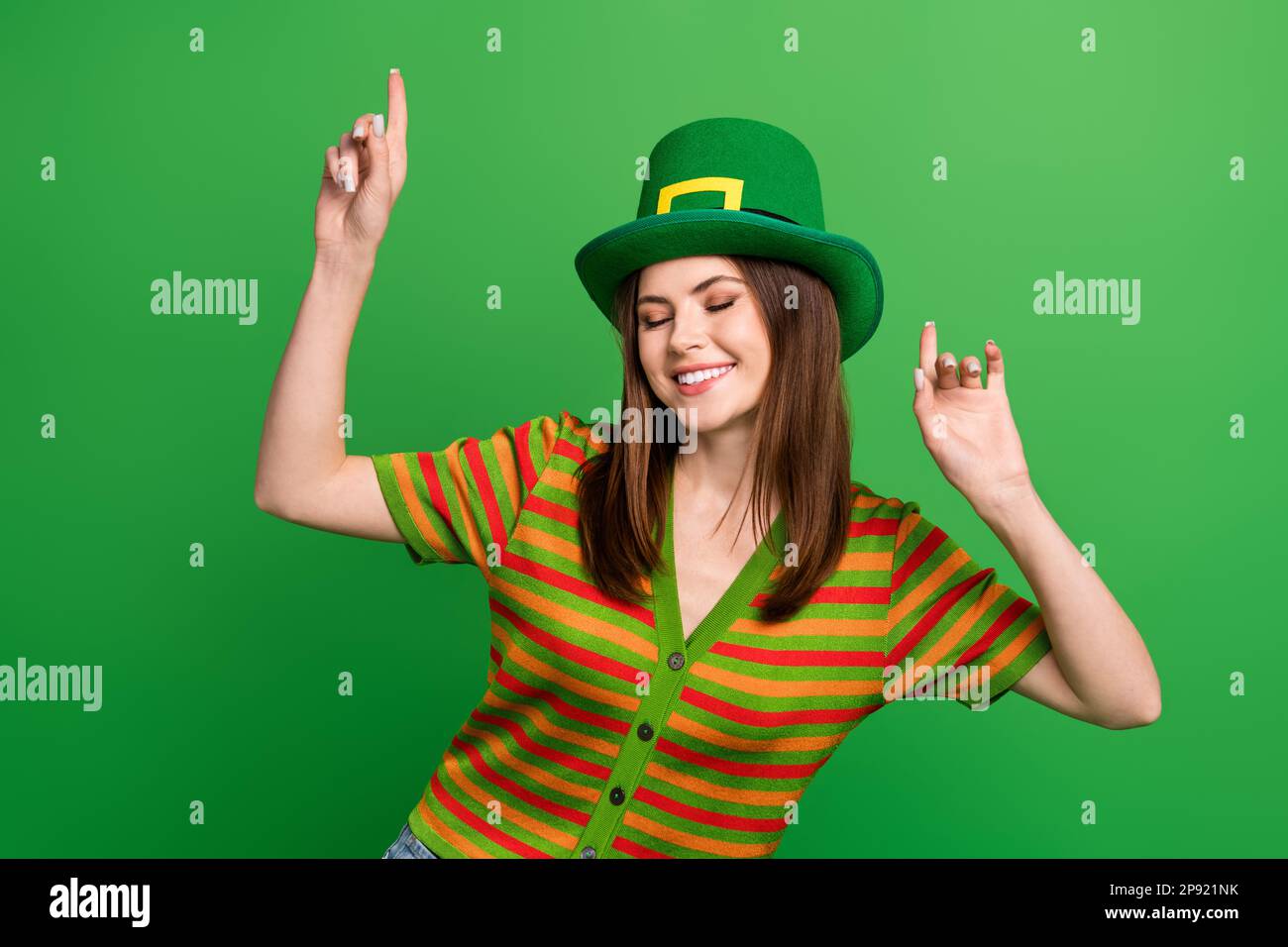 Photo of positive pretty lady toothy smile closed eyes point fingers ...