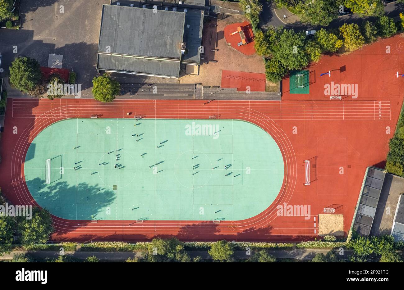 Aerial view, sports activities on the sports field at the Japanese ...