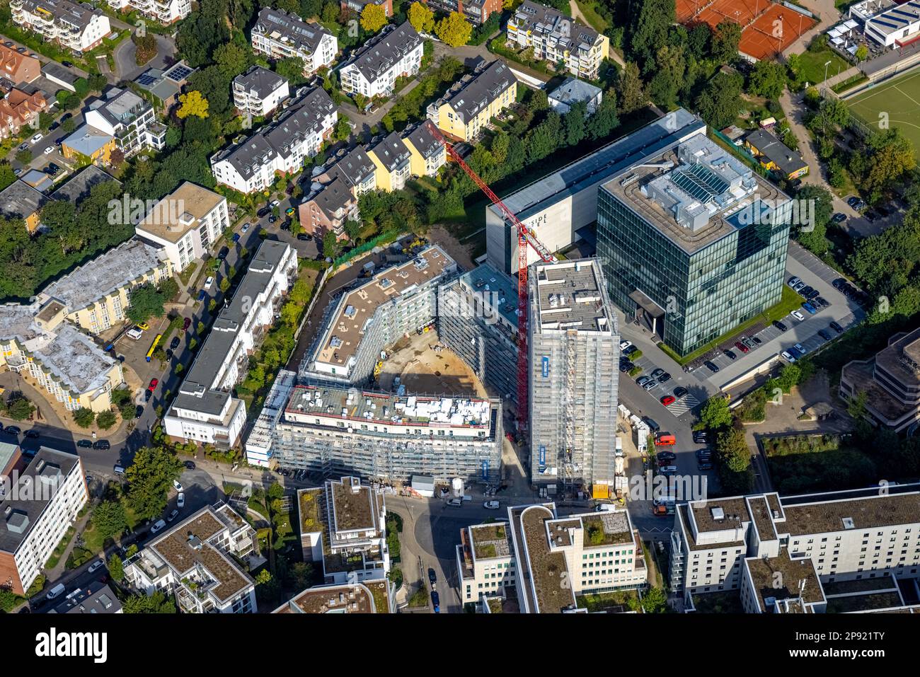 Aerial view, construction site at Seestern Quartier with new high-rise residential building at ...