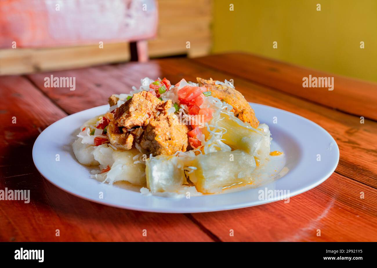 Traditional Chancho dish with Yuca. Nicaraguan pork with yucca served ...