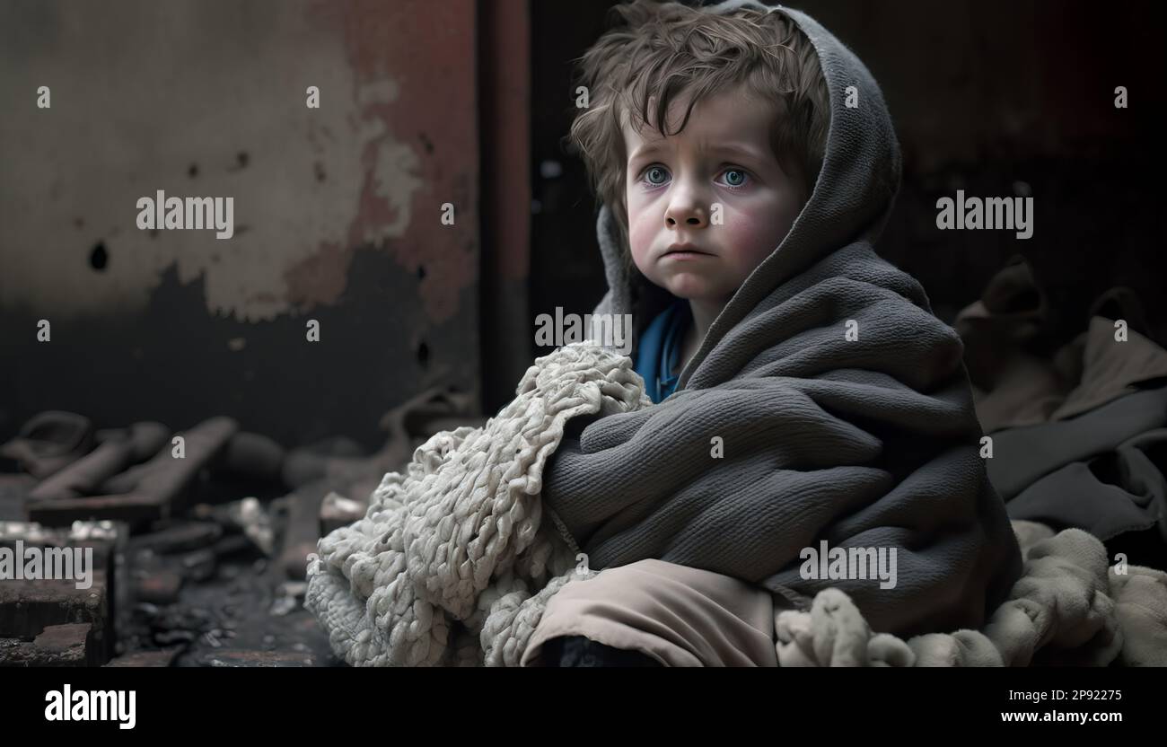 Aftermath of war, Family's and City's in ruins. Child sat alone amongst ...
