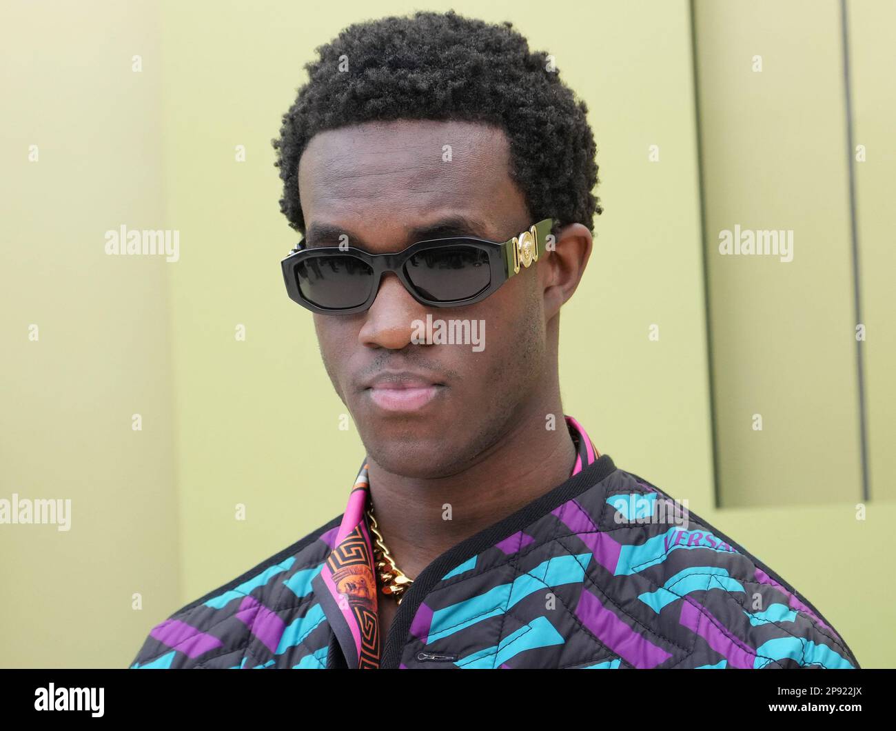 Wisdom Kaye arrives at the Versace FW23 Show held at the Pacific Design ...