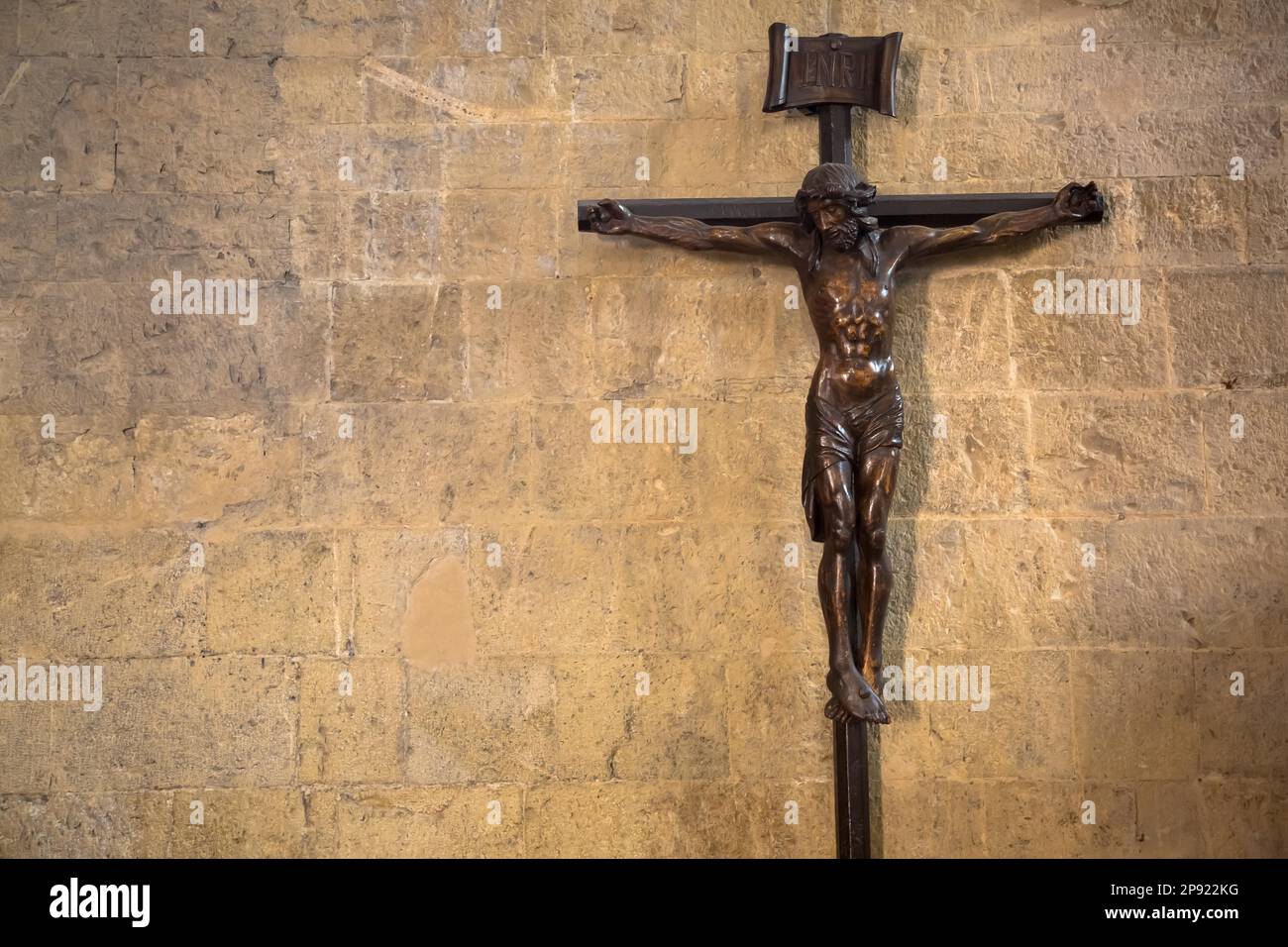 Old Italian crucifix, made of wood, with Jesus Christ symbol of ...