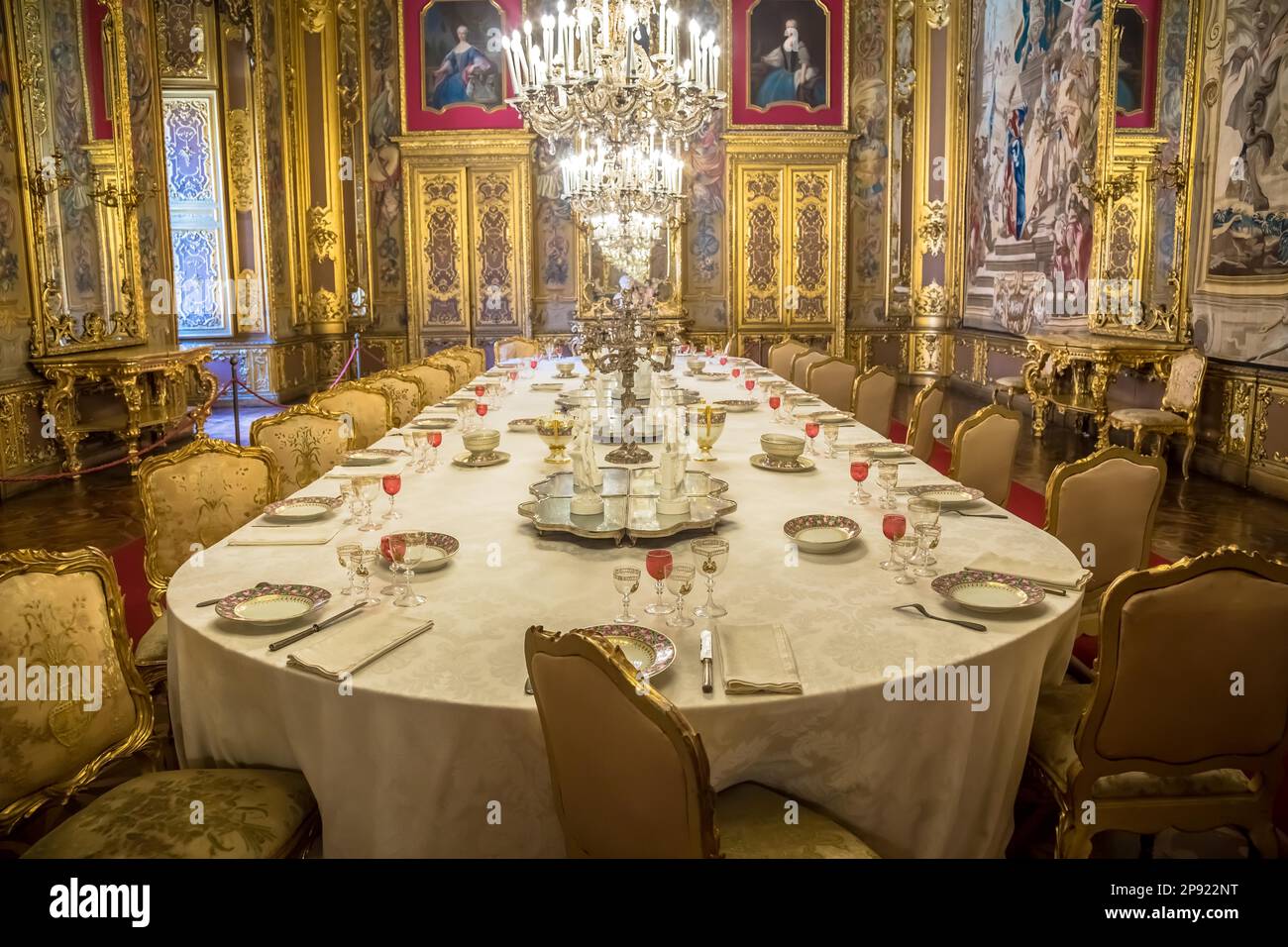 VENARIA REALE, ITALY - CIRCA AUGUST 2020: luxury dining room in Baroque ...