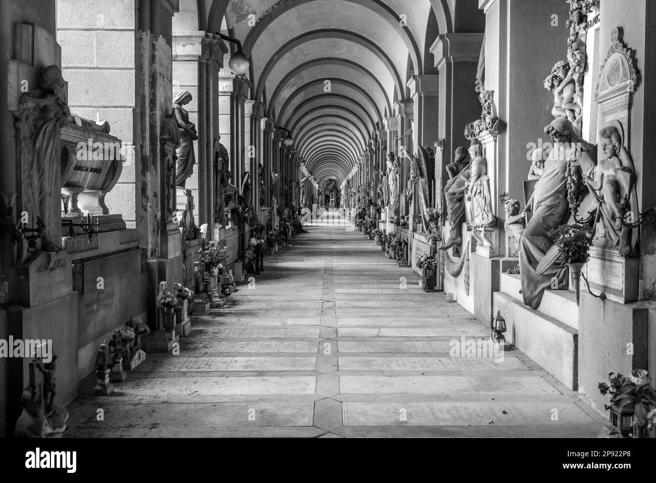 GENOA, ITALY - June 2020: corridor with statues - beginning 1800 - in a ...