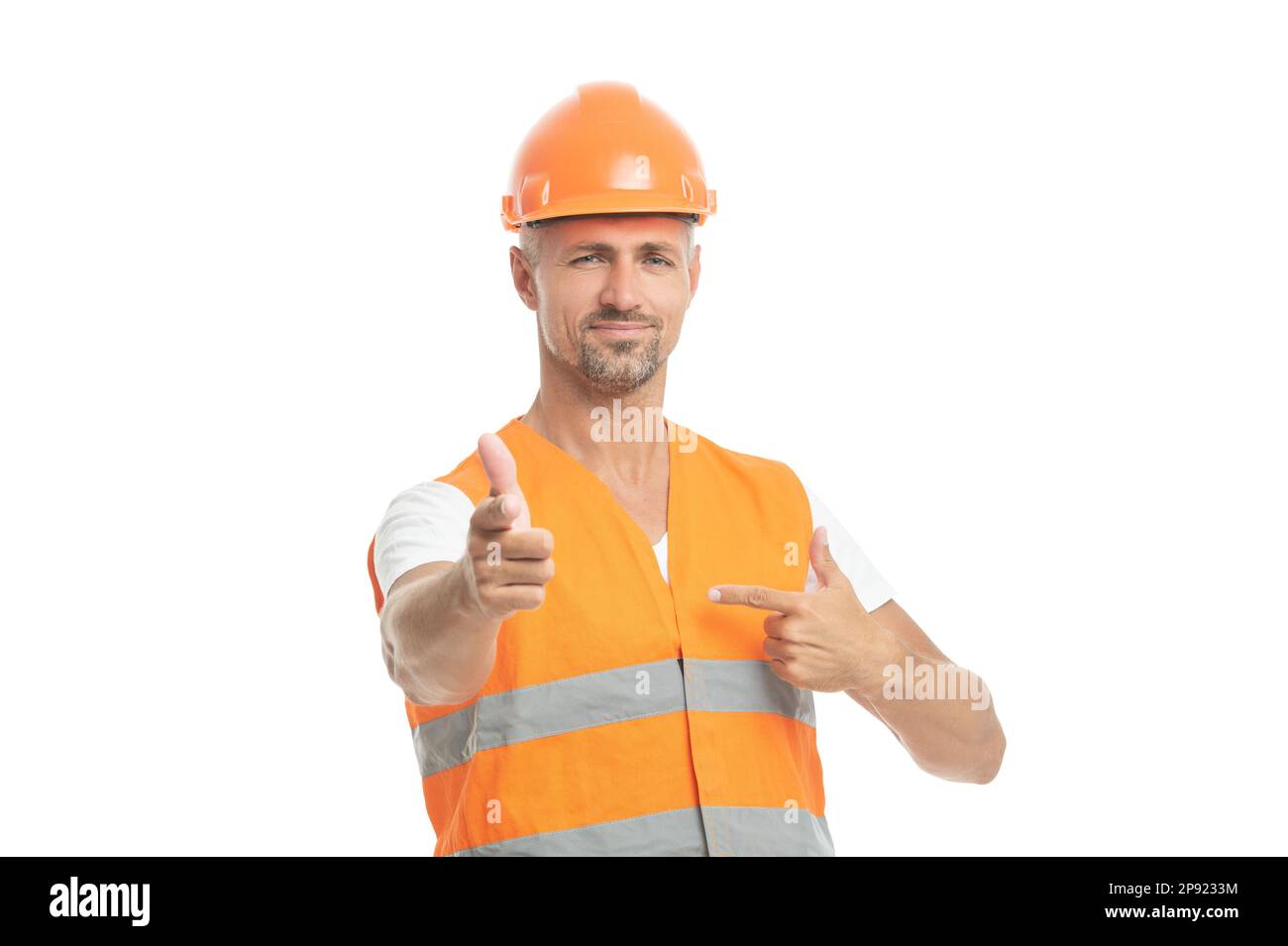 man engineer pointing finger isolated on white. man engineer in white ...