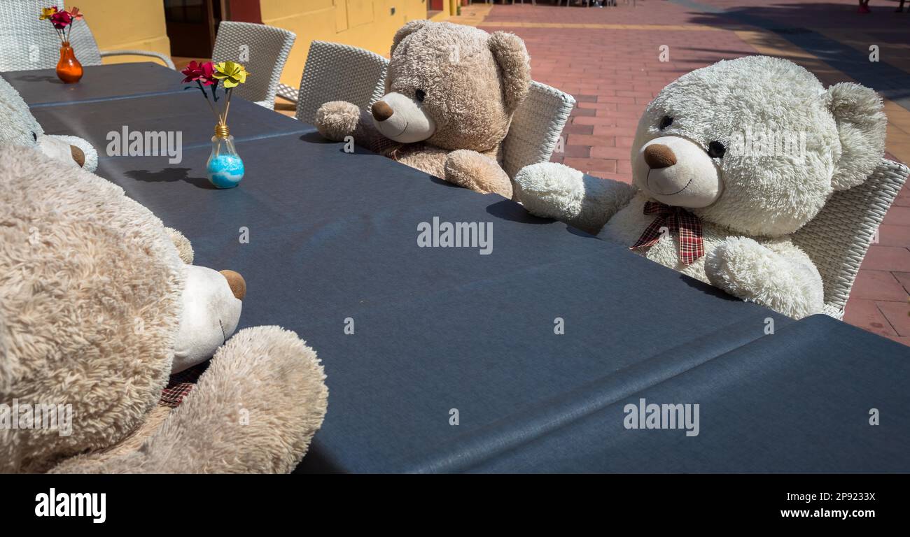 A group of Teddy Bears sitting at the a table and ready for a lunch or ...