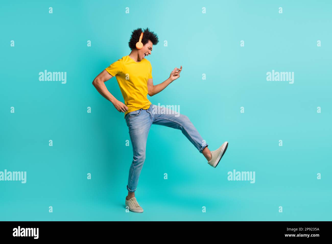 Full body portrait of crazy positive person arms play imagine guitar ...
