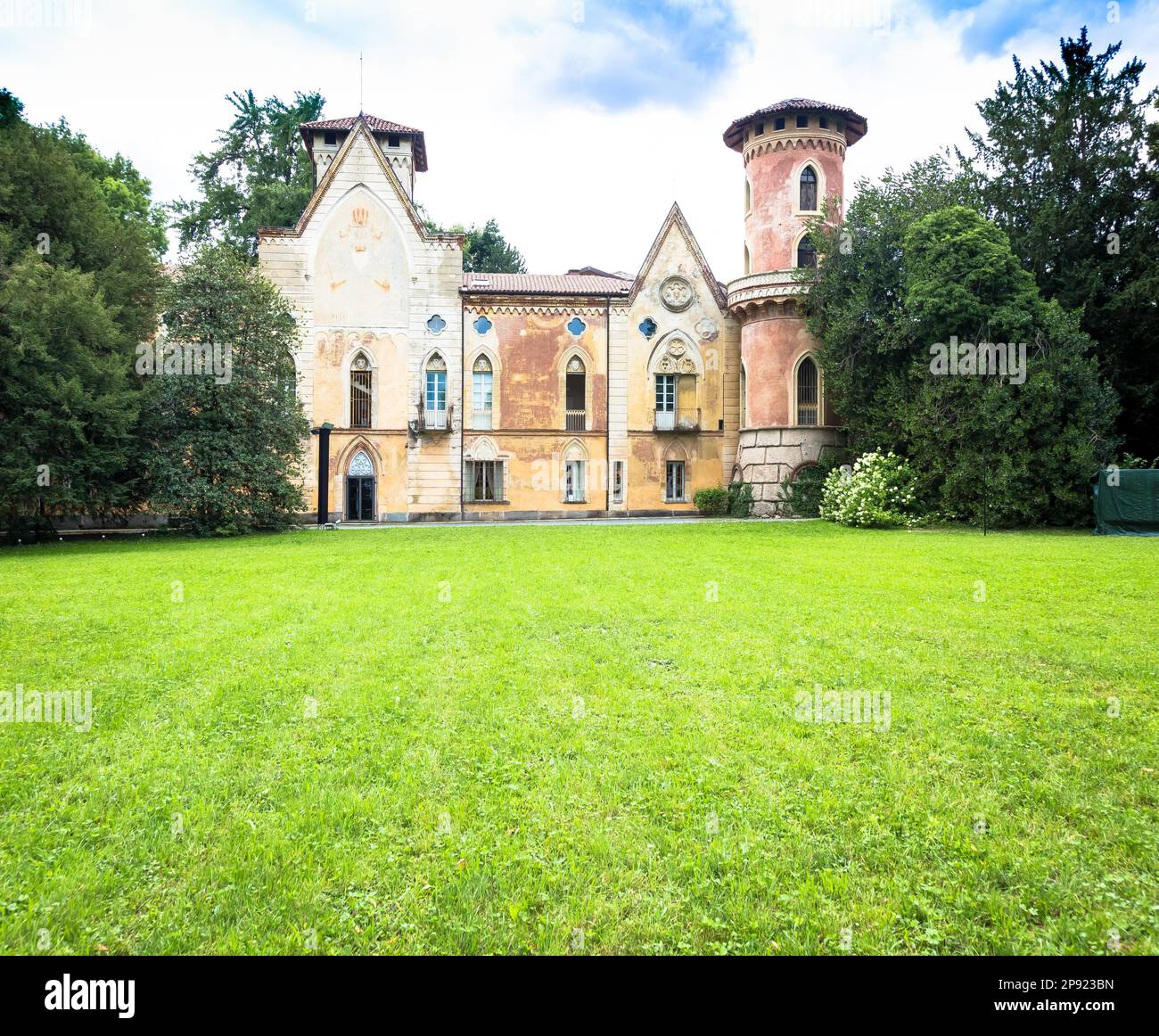 ITALY, MIRADOLO - CIRCA AUGUST 2020: gothic design castle located in an ...
