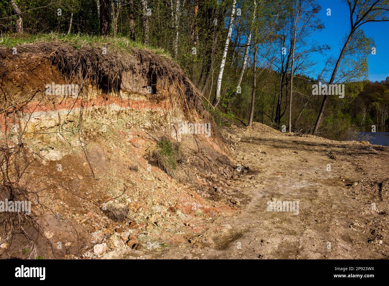 Section of a part of a slope with layers of variegated clay covered ...