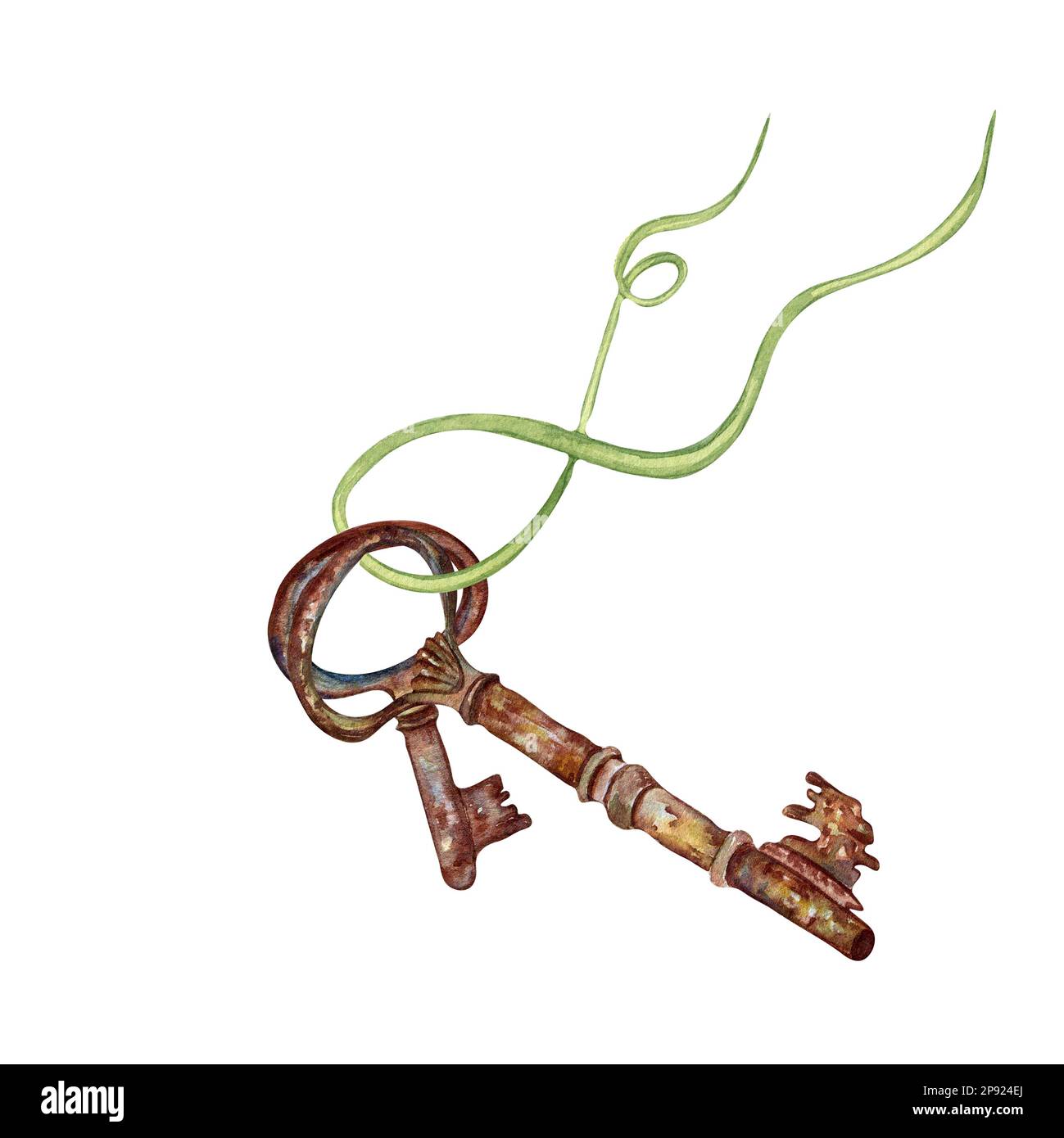 Bunch of rusty keys and ribbon watercolor illustration isolated on ...