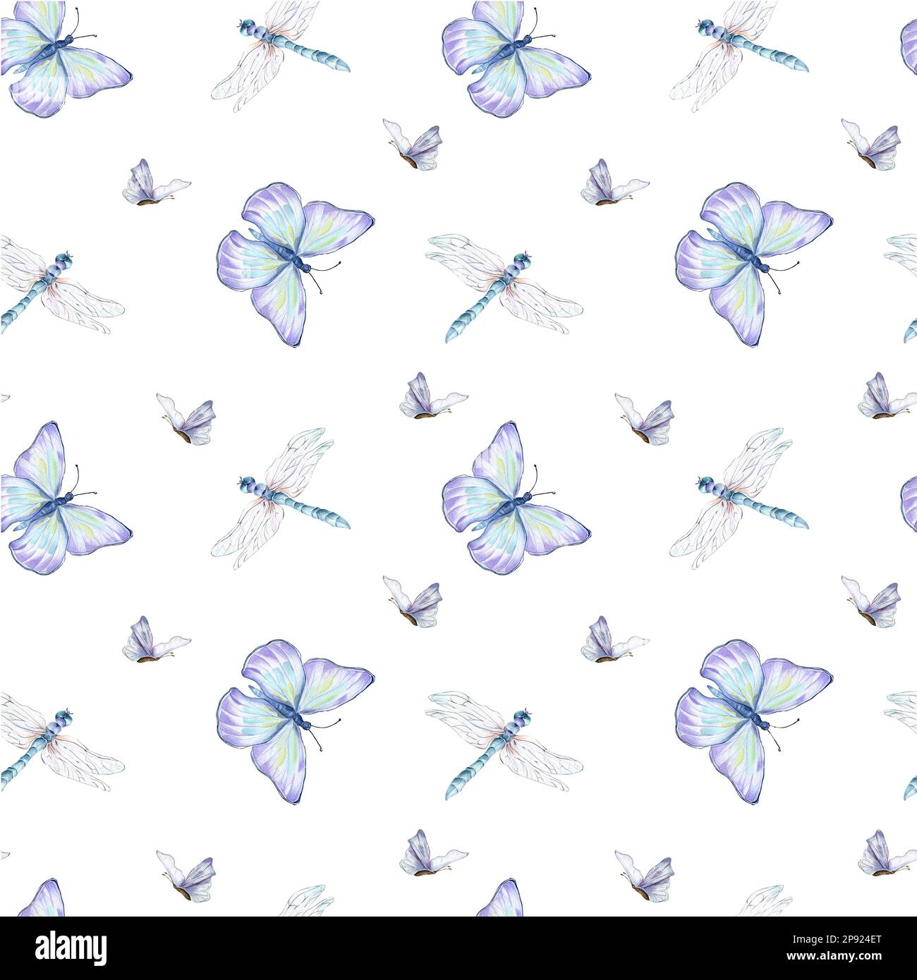 Blue butterflies, dragonflies watercolor seamless pattern on white ...