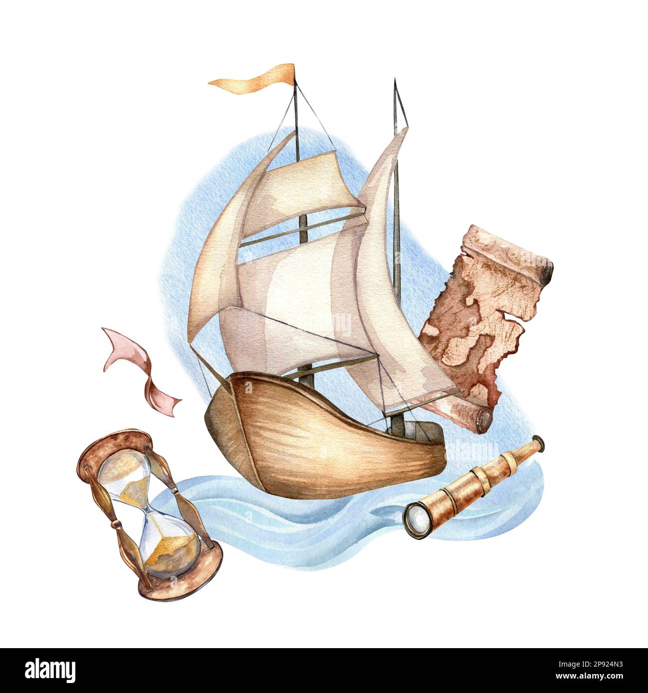 Composition of sailing ship vintage style watercolor illustration ...