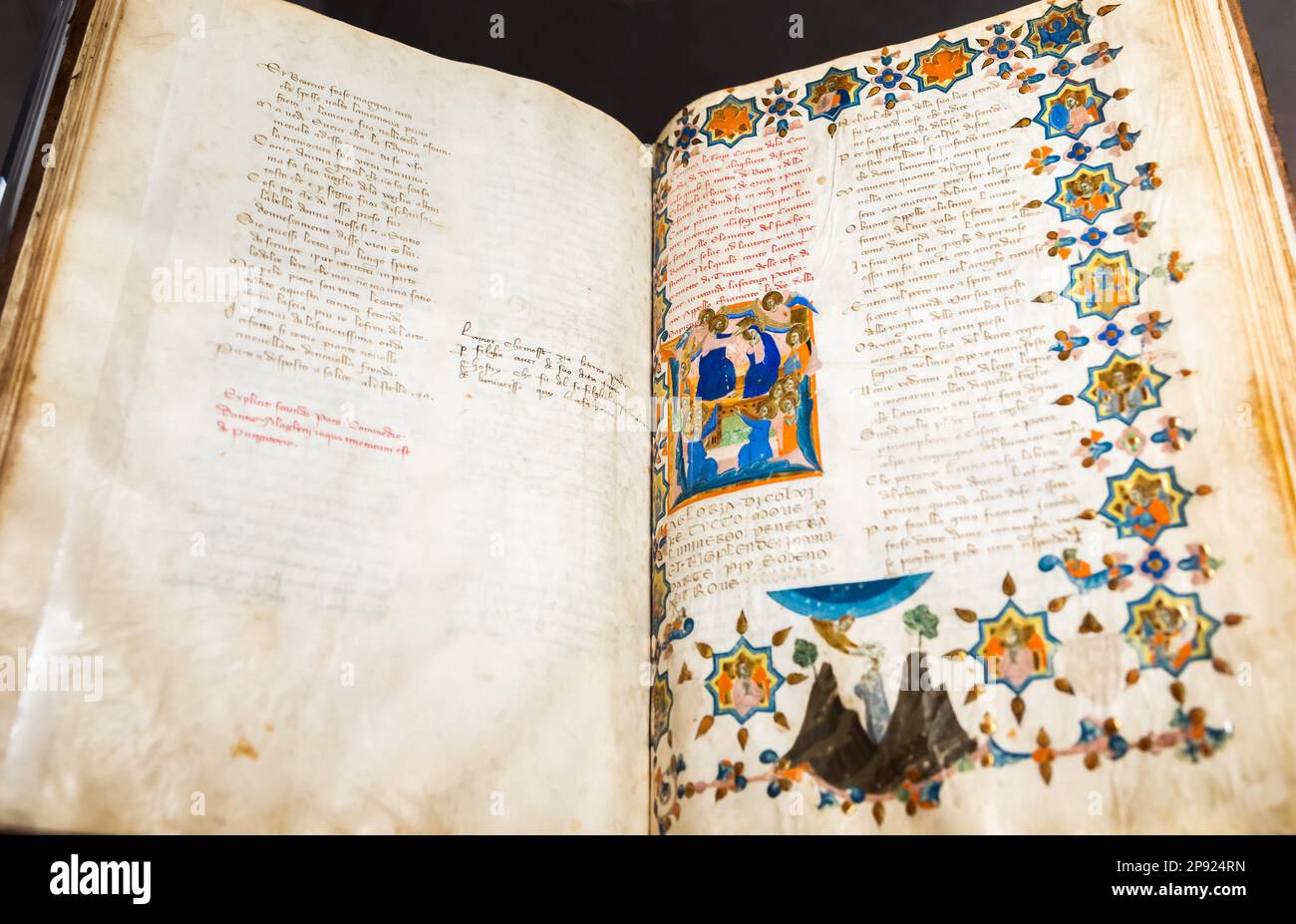 FLORENCE, ITALY - circa July 2021. Antique manuscript sheet from Dante Divine Comedy, 16th ...