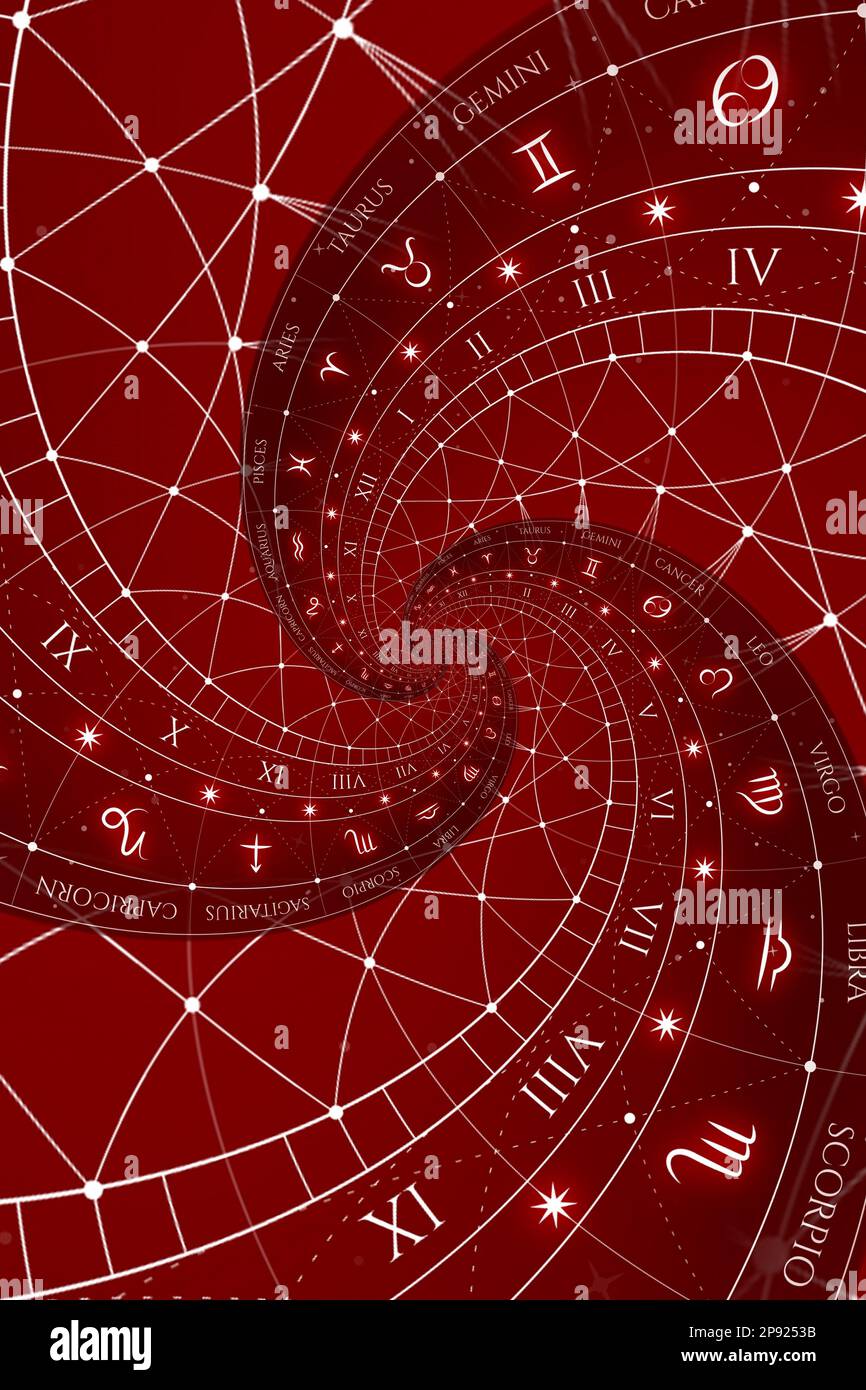 Astrological background with zodiac signs and symbol - red Stock Photo ...