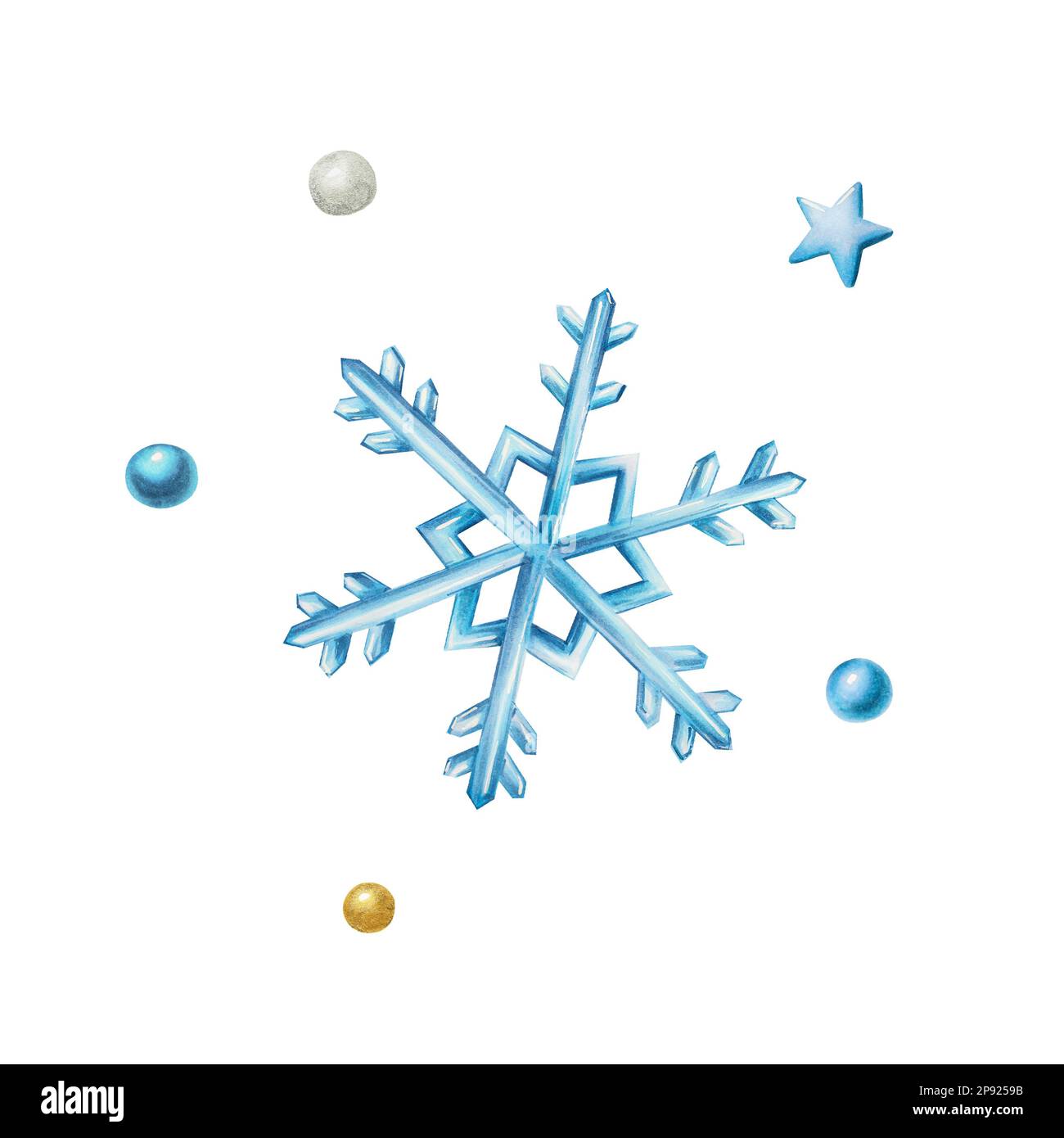 Snowflakes and snow balls. Hand painting clipart gold and blue balls ...