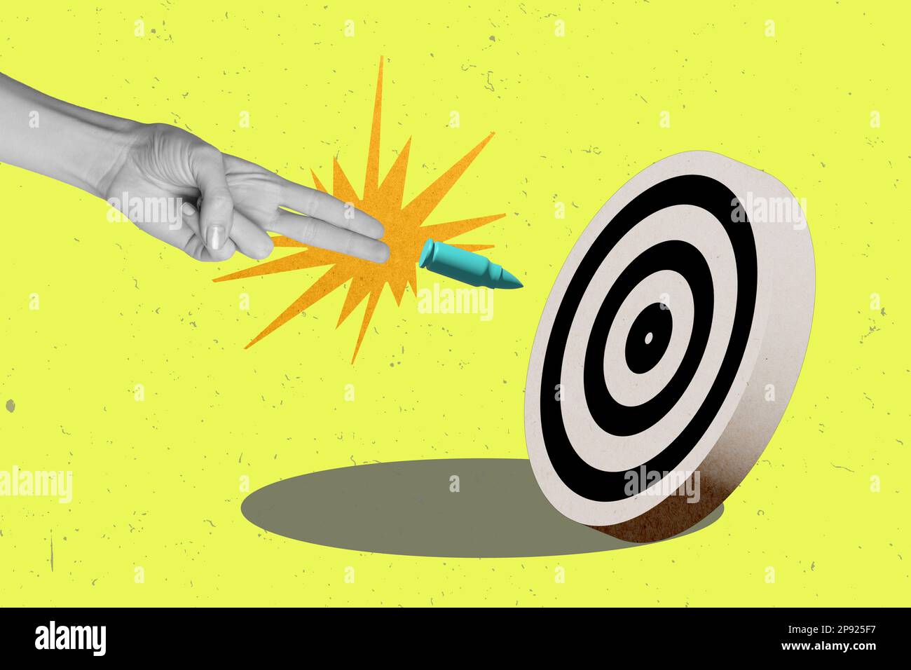 Creative retro 3d magazine collage image of arm shooting bullet target ...