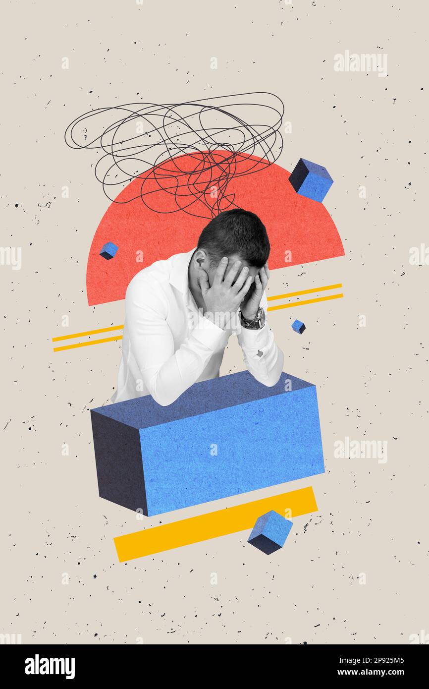 Collage artwork graphics picture of stressed depressed guy having ...