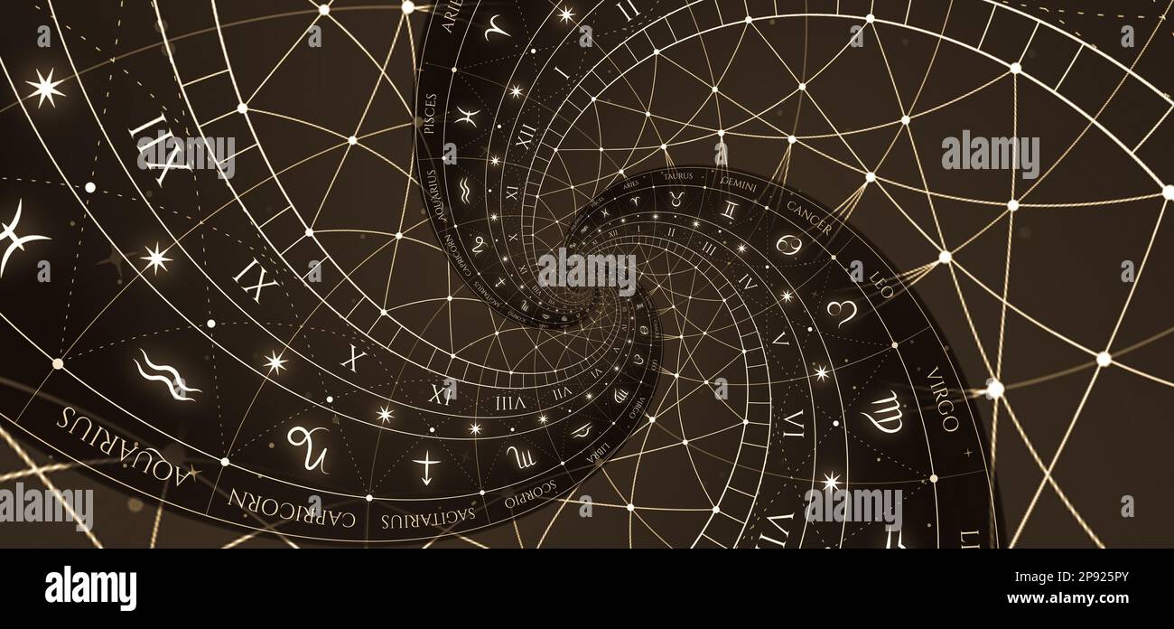 Astrological background with zodiac signs and symbol - black Stock ...