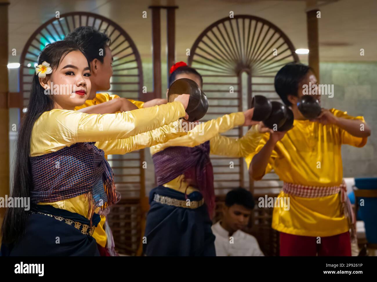 A traditional Khmer dance group in Cambodia performs on a river cruise ...